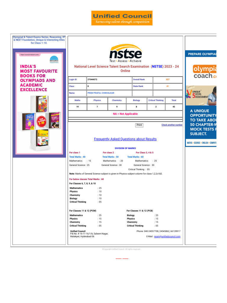 Unified Council Results NSTSE Results | PDF | Qualifications | Science