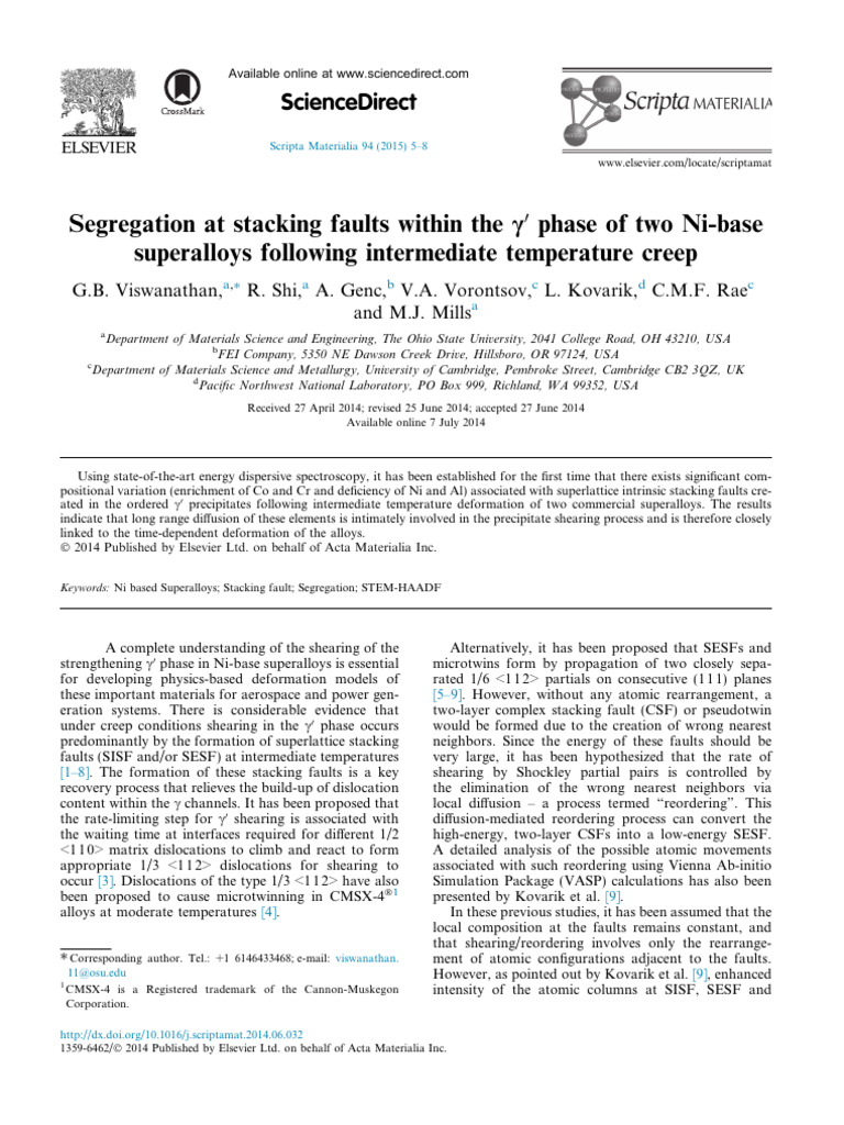 Segregation at Stacking Faults Within The Î Â Phase of Two Ni-Base Superalloys Following ...