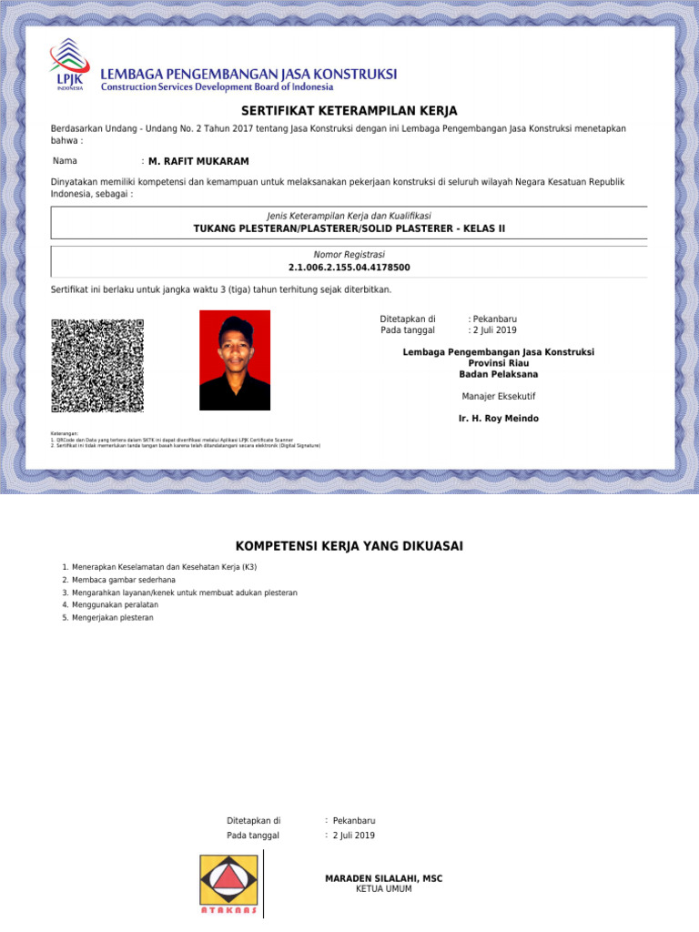 Sertifikat Keterampilan Kerja Plesteran | PDF