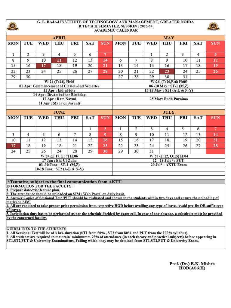 Academic Calander B.Tech I Year Even 2023-24 | PDF | Educational Assessment And Evaluation ...
