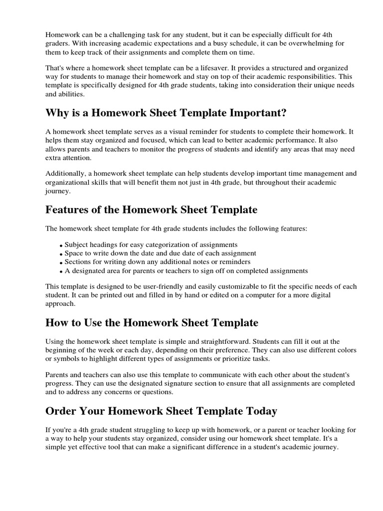 Homework Sheet Template 4th Grade | PDF | Homework | Worksheet