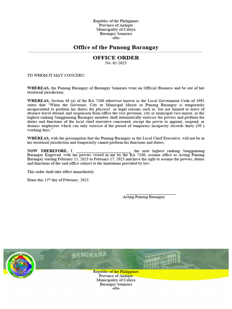 Acting Punong Barangay Office Orders | PDF | Mayor | Governor