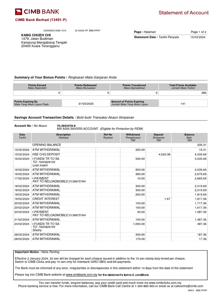 Bank Statement-Malaysia CIMB Bank Account Statement PDF | PDF | Banks ...