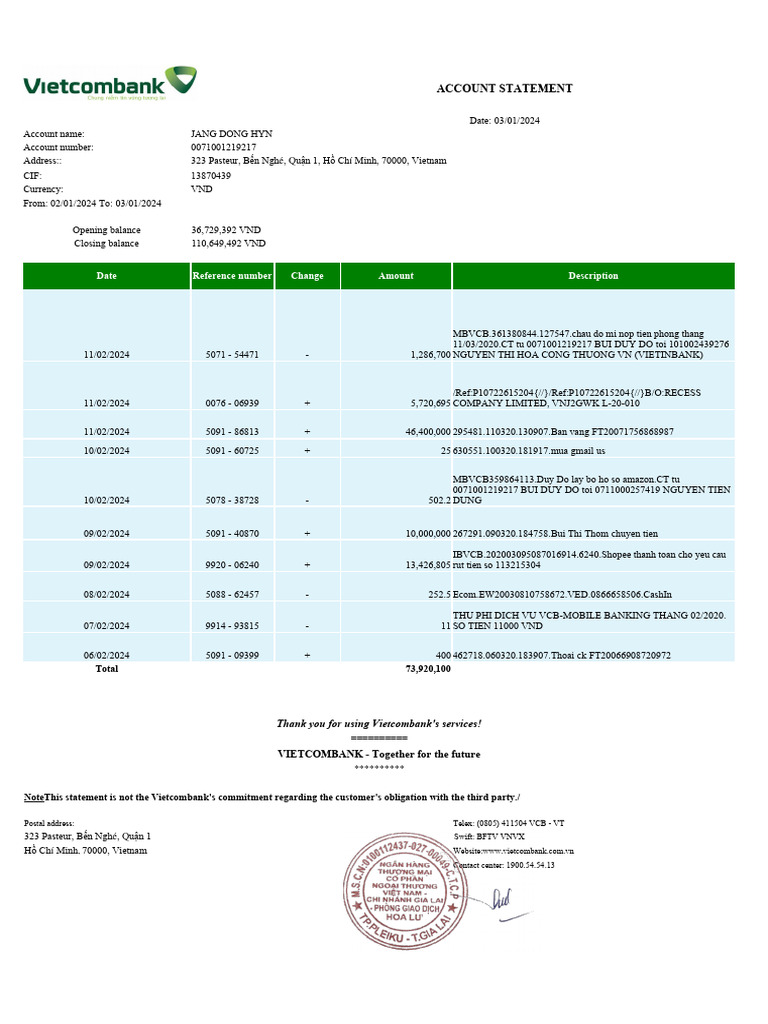 Vietcombank Account Statement Summary | PDF | Vietnam