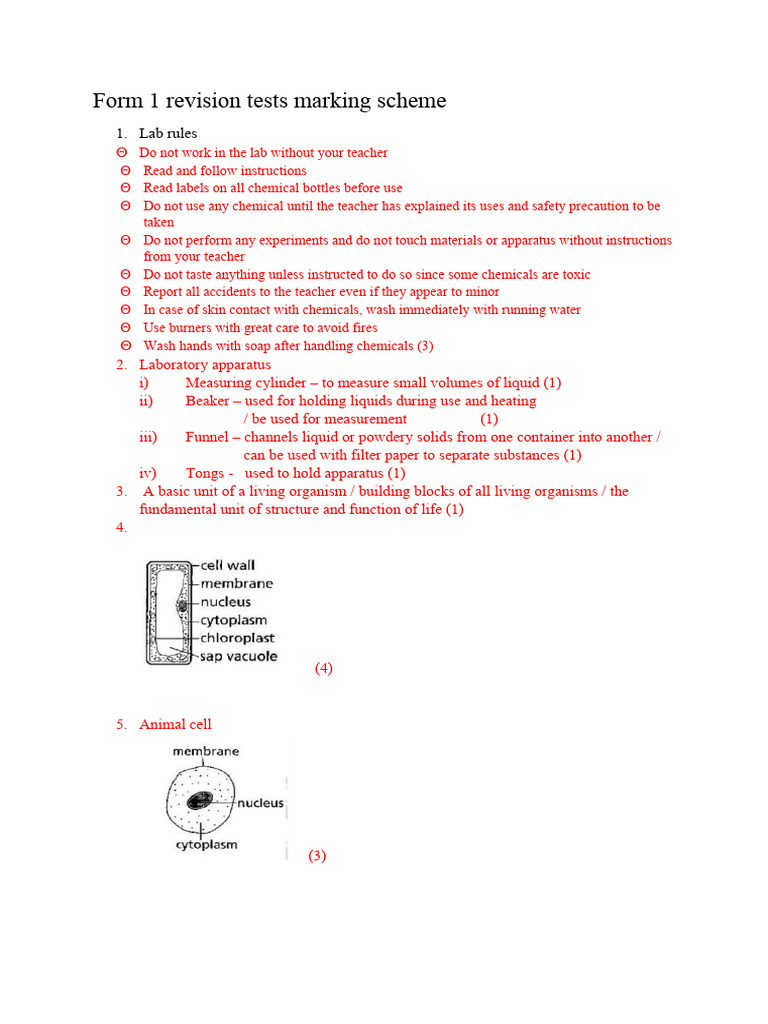 Form 1 Revision Tests Marking Scheme | PDF | Flowers | Biology