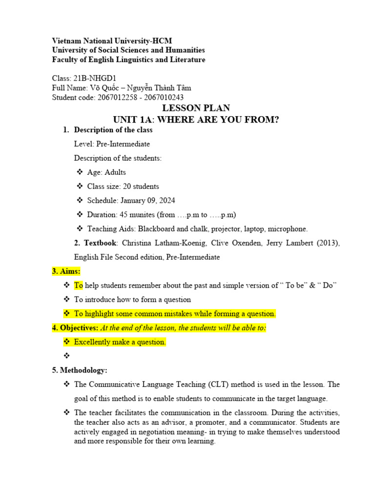Lesson Plan - 1A Where Are You From | PDF | Subject (Grammar) | Teachers