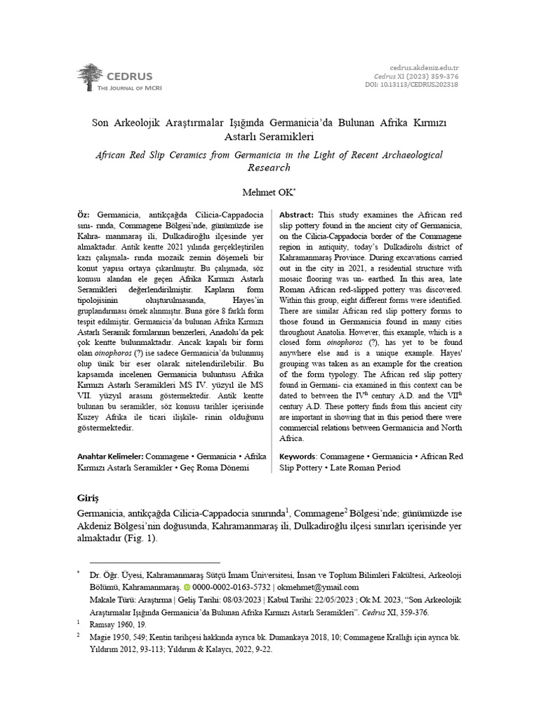 Son Arkeolojik Ara - T - Rmalar I - Nda Germanicia - Da Bulunan Afrika K - RM - Z - Astarl ...