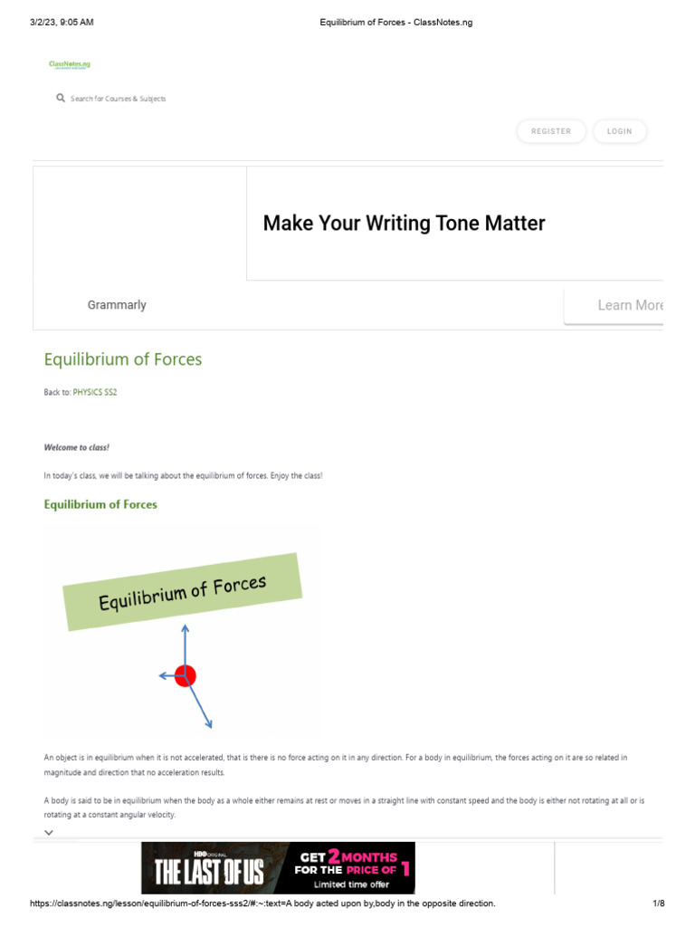 Equilibrium Of Forces Classnotes Ng Pdf Force Mechanics