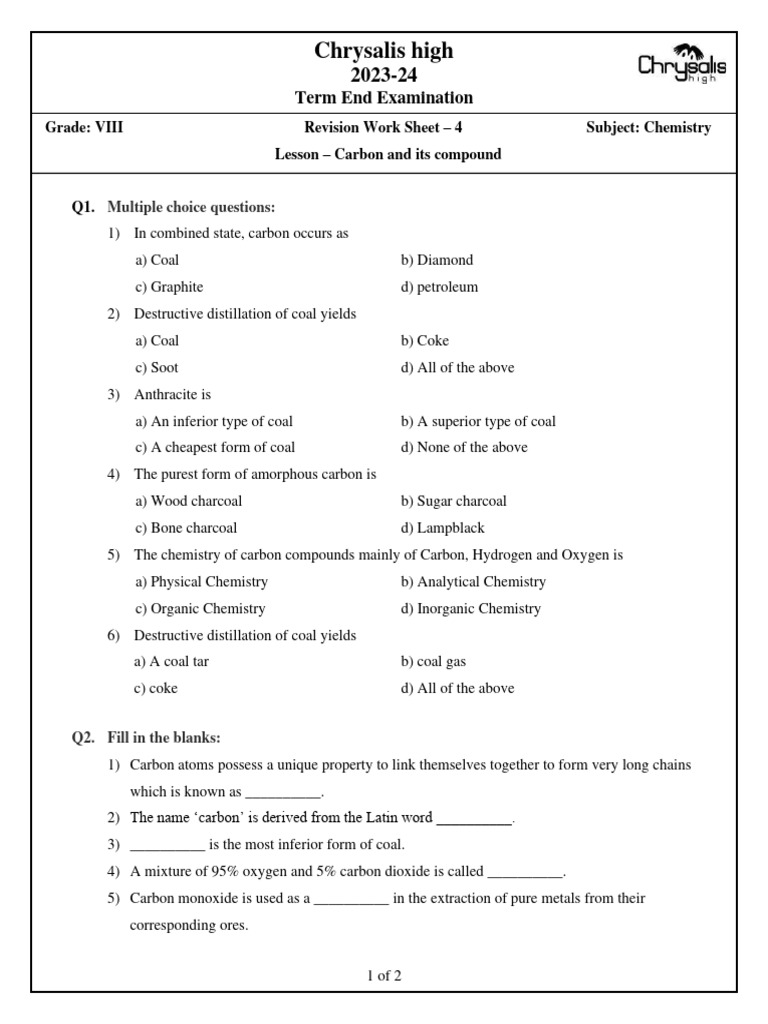 RWS-4 TEE-Gr VIII - Carbon and Its Compounds | PDF | Carbon | Coal