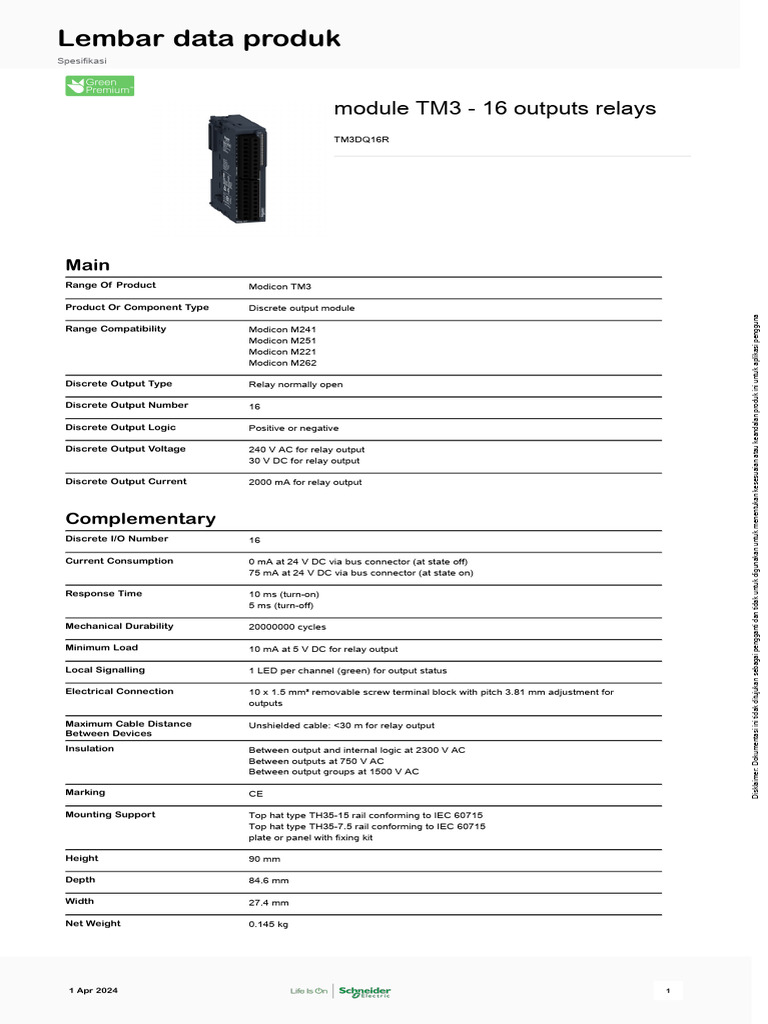 Schneider Electric - Modicon-TM3 - TM3DQ16R | PDF | Relay | Electrical Connector