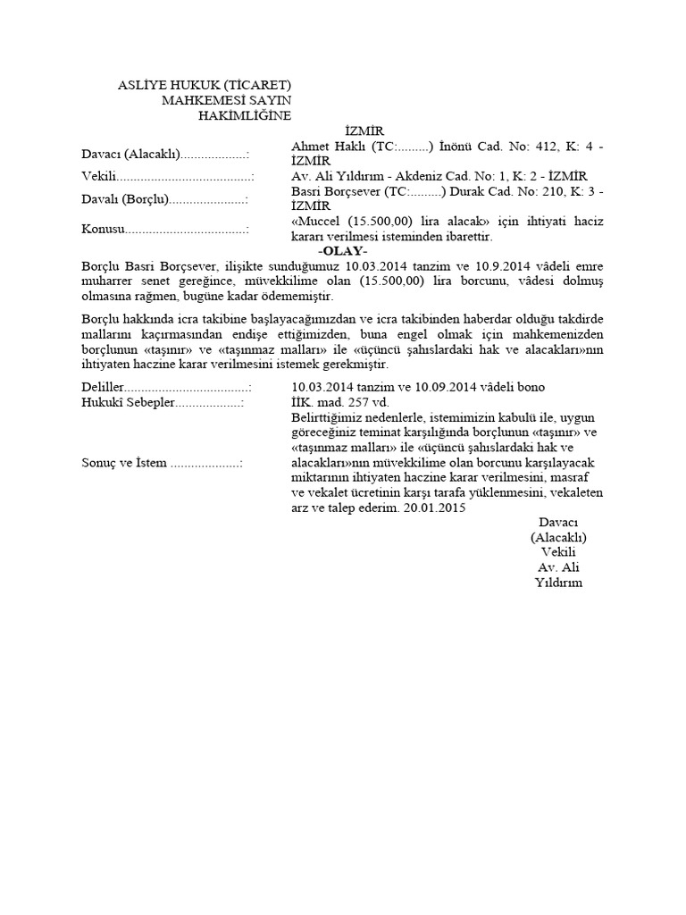 İhtiyati Haciz İstemi Dilekçe | PDF