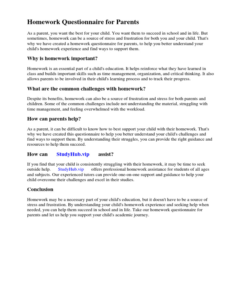 Parent Homework Support Guide | PDF | Homework | Questionnaire