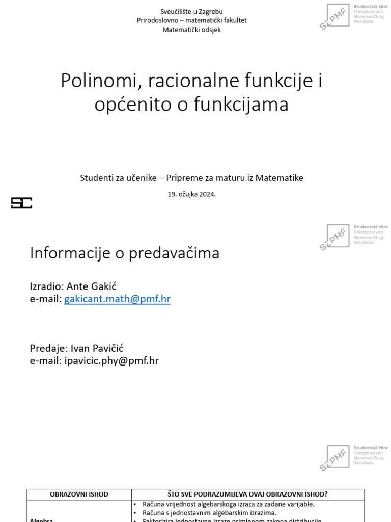 Predavanje - Polinomi, Racionalne Funkcije I Općenito o Funkciji 2024 | PDF