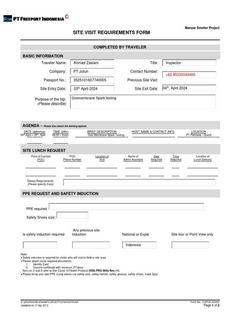 Manyar Smelter Site Visit Form | PDF | Public Health | Viral ...