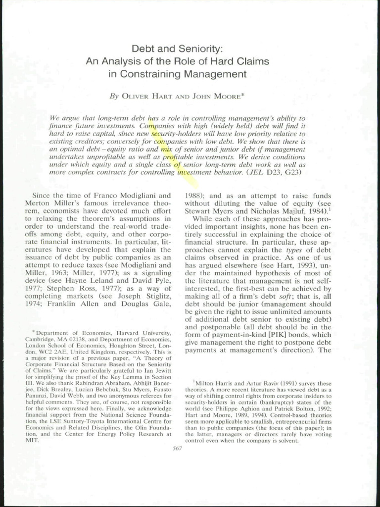 Hart and Moore 1995 | PDF | Debt | Investing