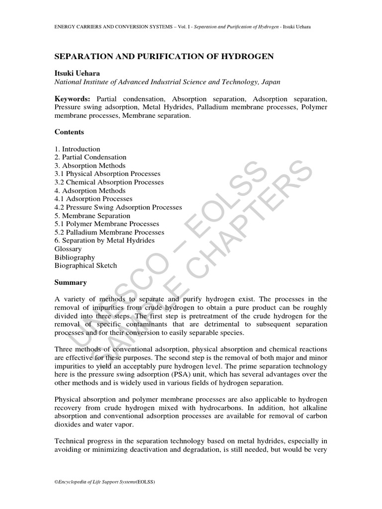 Unesco - Eolss Sample Chapters: Separation and Purification of Hydrogen | PDF | Hydrogen ...