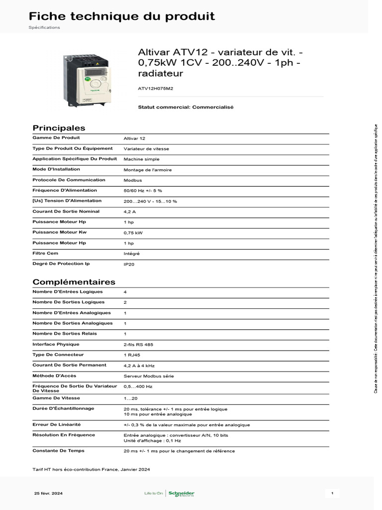 Schneider Electric - Altivar-12 - ATV12H075M2 | PDF | Électrotechnique