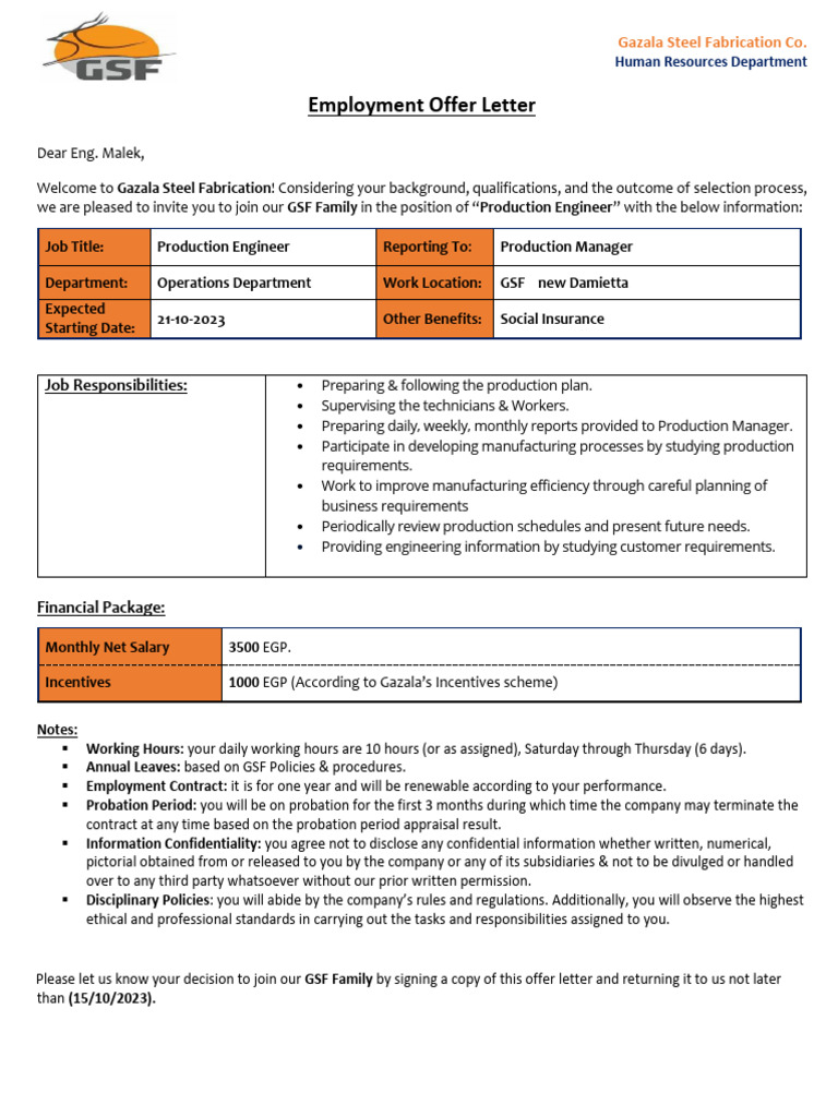 Gazala Steel Fabrication Job Offer | PDF | Employment | Confidentiality