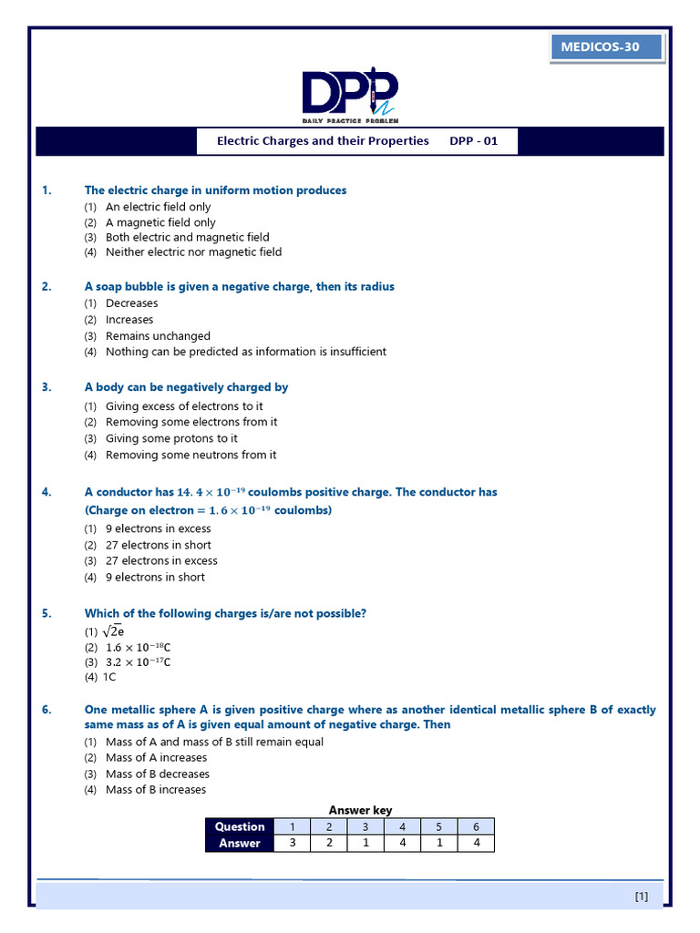 Electrostatics DPP | PDF | Electric Charge | Electron