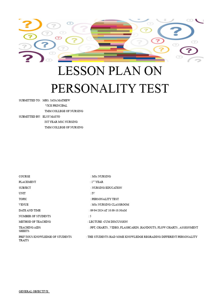 Personality Test Lesson Plan for Nursing | PDF | Lesson Plan | Learning