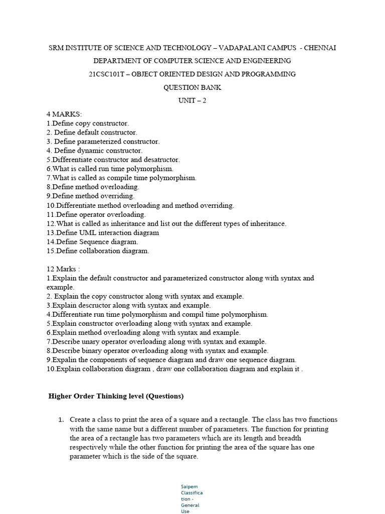 Unit 2 Question Bank | PDF | Constructor (Object Oriented Programming) | Programming