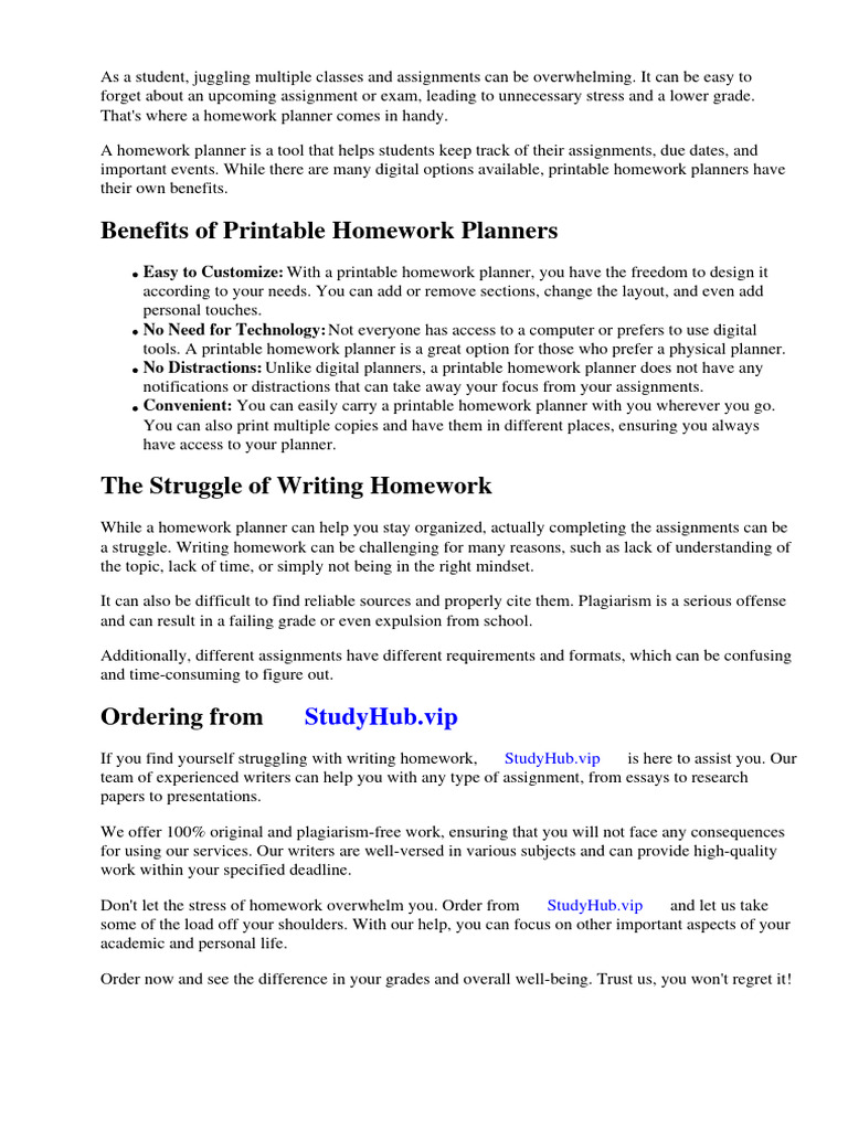 Printable Homework Planners For Students | PDF | Homework