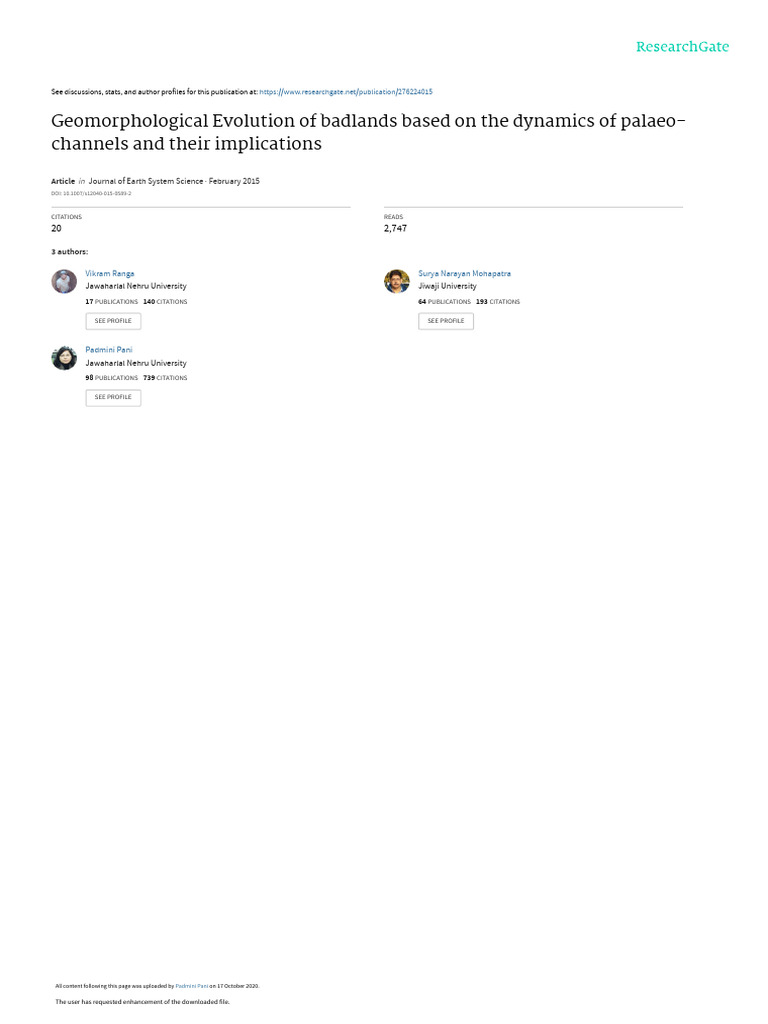 Geomorphological Evolution of Badlands Based On The Dynamics of Palaeo-Channels and Their ...