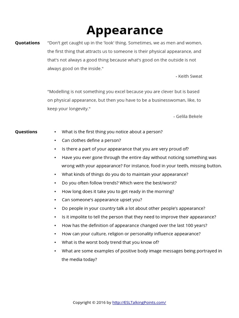 Appearance Esl Efl Tefl Conversation Questions | PDF