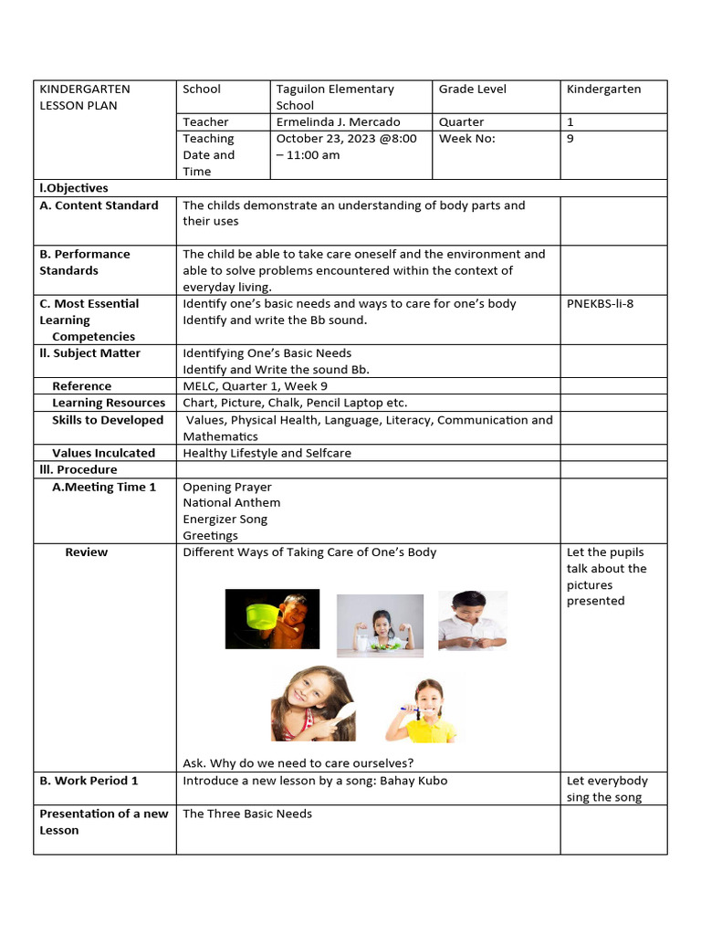 Kindergarten Lesson Plan Overview | PDF | Learning | Lesson Plan