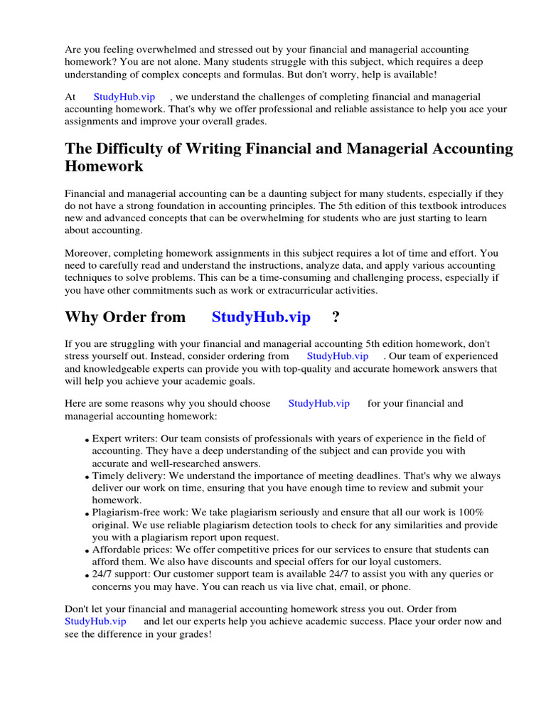 Financial and Managerial Accounting 5th Edition Homework Answers | PDF | Accounting | Management ...