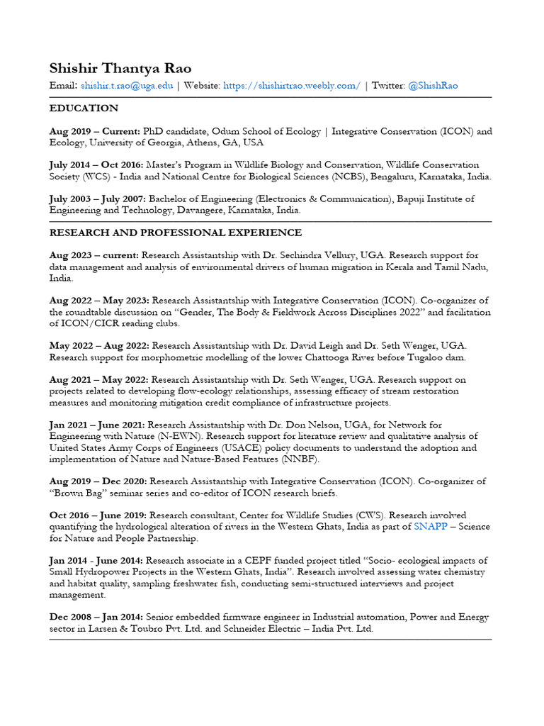 rao shishir 2024 cv | PDF | River | Ecology