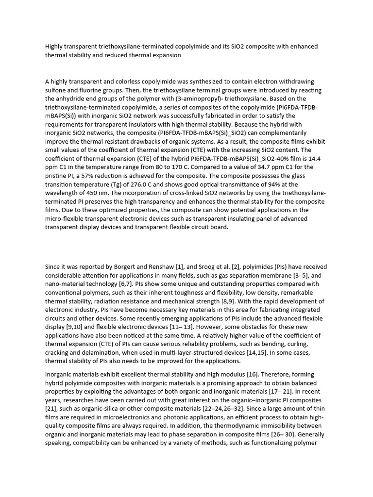 Transparent Copolyimide-SiO2 Composite | PDF | Silicon Dioxide | Polymers
