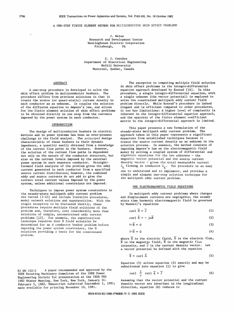 A One Step Finite Element Method For Multi Conductor Skin Effect Problems Pdf Finite Element
