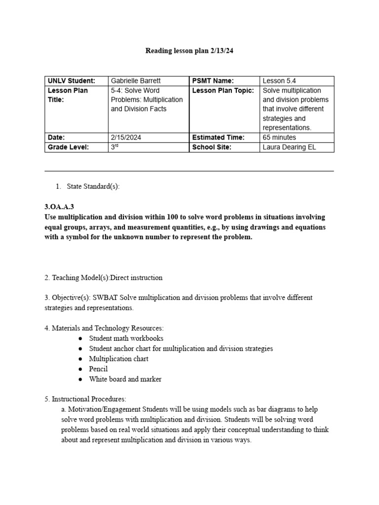Math Lesson Plan 2 - 14 - 24 | PDF | Learning | Lesson Plan