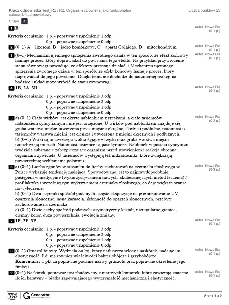 Test R1 I R2. Organizm Człowieka Jako Funkcjonalna Całość. Układ ...