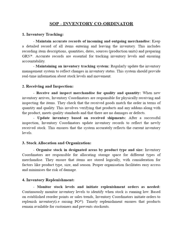 Sop - Inventory Coordinator | PDF | Inventory | Business
