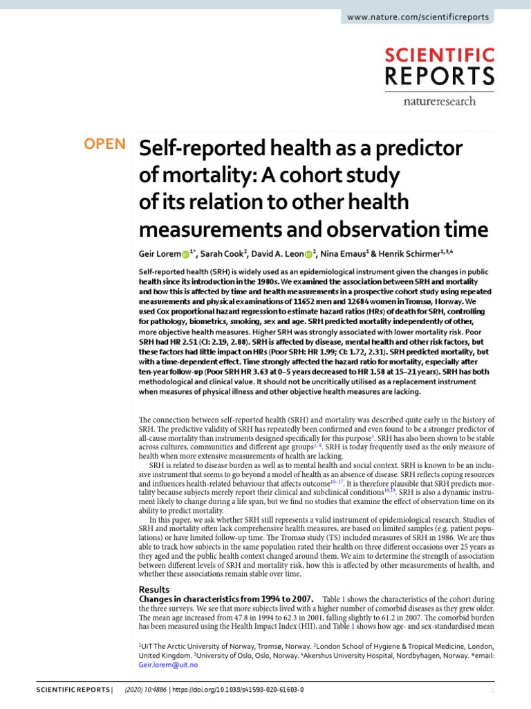 Self-Reported Health As A Predictor of Mortality | PDF | Cohort Study ...