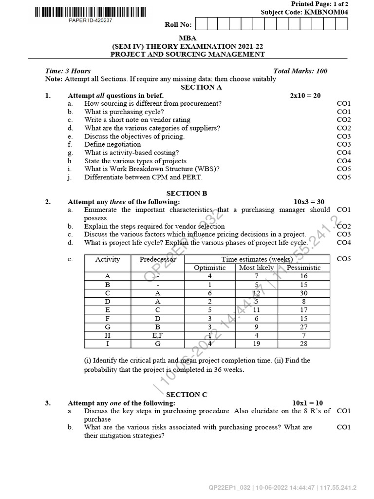 Mba 4 Sem Project and Sourcing Management Kmbnom04 2022 | Download Free ...