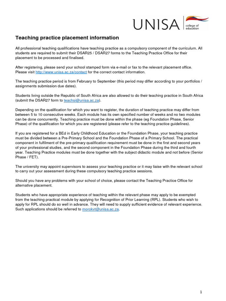 Unisa Teaching Practice Placement Information 2019 | PDF | Teachers ...