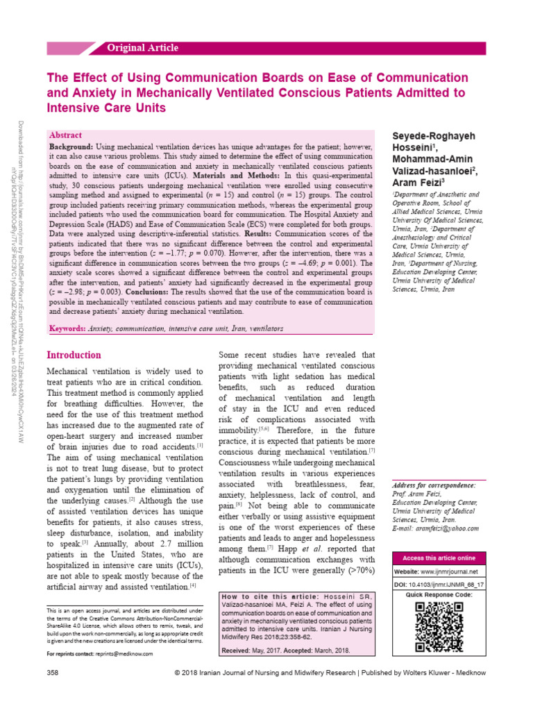 The Effect of Using Communication Boards On Ease.5 | Download Free PDF | Intensive Care Unit ...