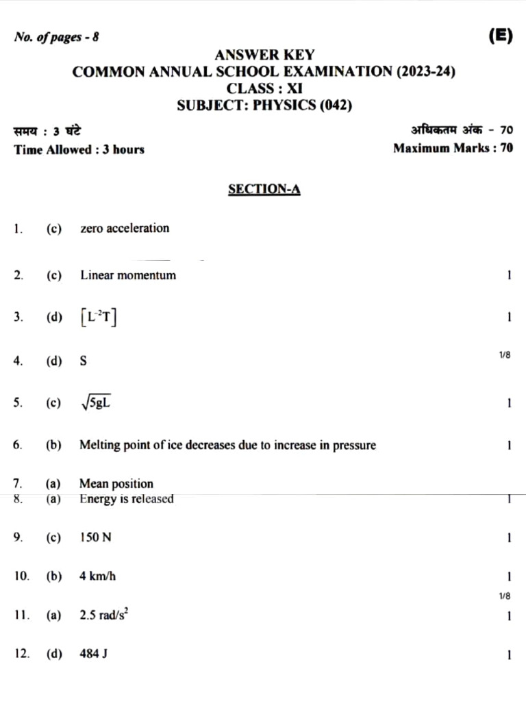 Answer Key, Physics-Evening Shift, 2024 ,????? | PDF | Momentum | Collision