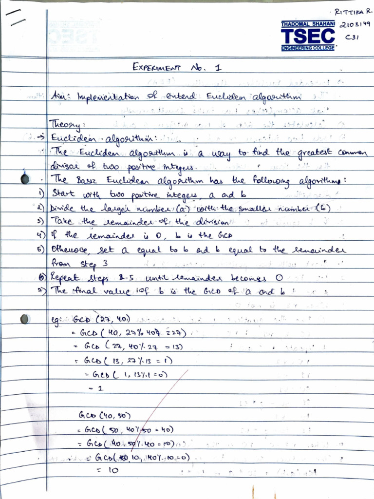 Extended Euclidean Algorithm Lab Report | PDF