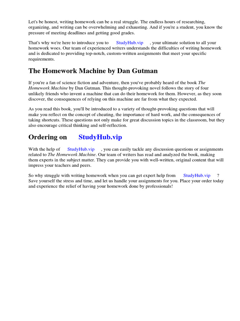 Discussion Questions For The Homework Machine by Dan Gutman | PDF ...