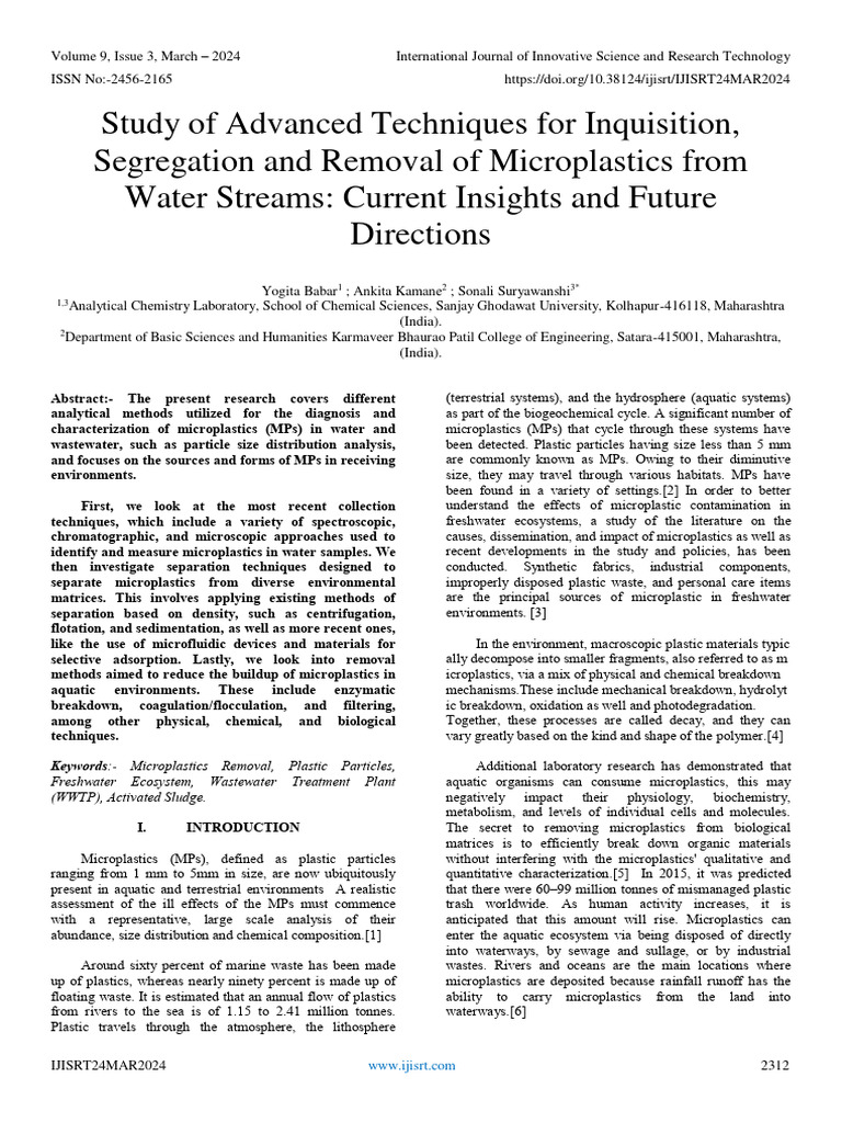 Study of Advanced Techniques For Inquisition, Segregation and Removal of Microplastics From ...