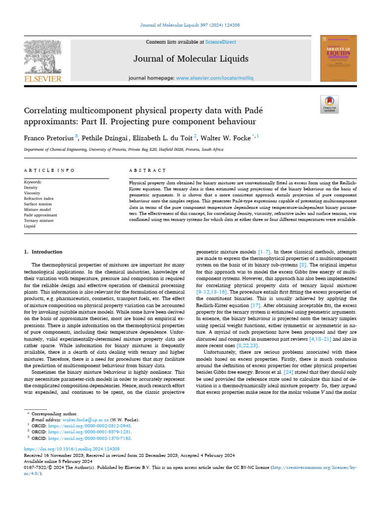2024 Pretorius Physical Property Correlation With Pade Approximants | PDF | Density | Liquids