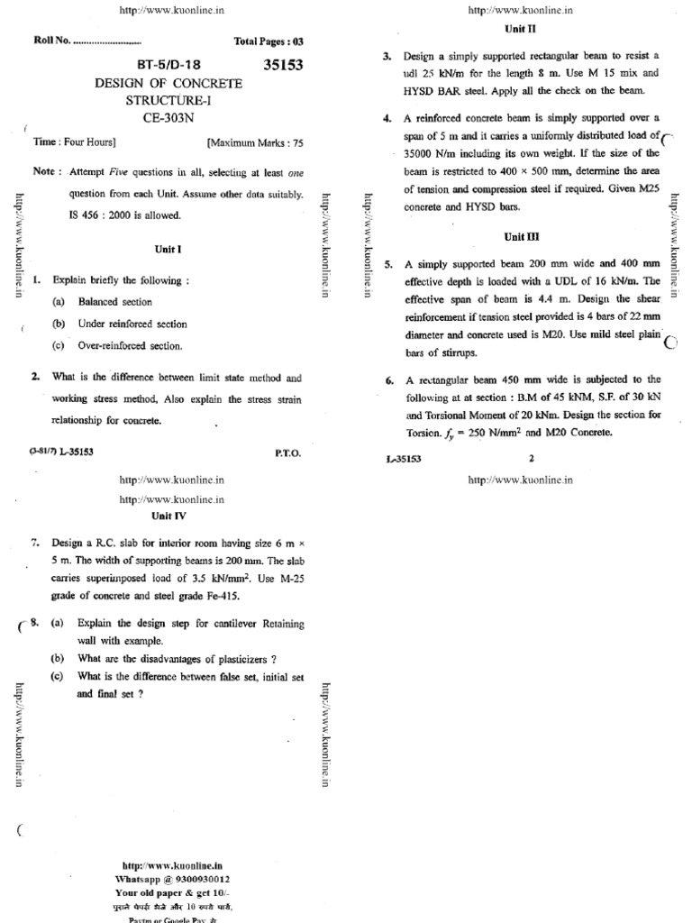 Btech Ce 5 Sem Design of Concrete Structure 1 35153 Dec 2018 | PDF