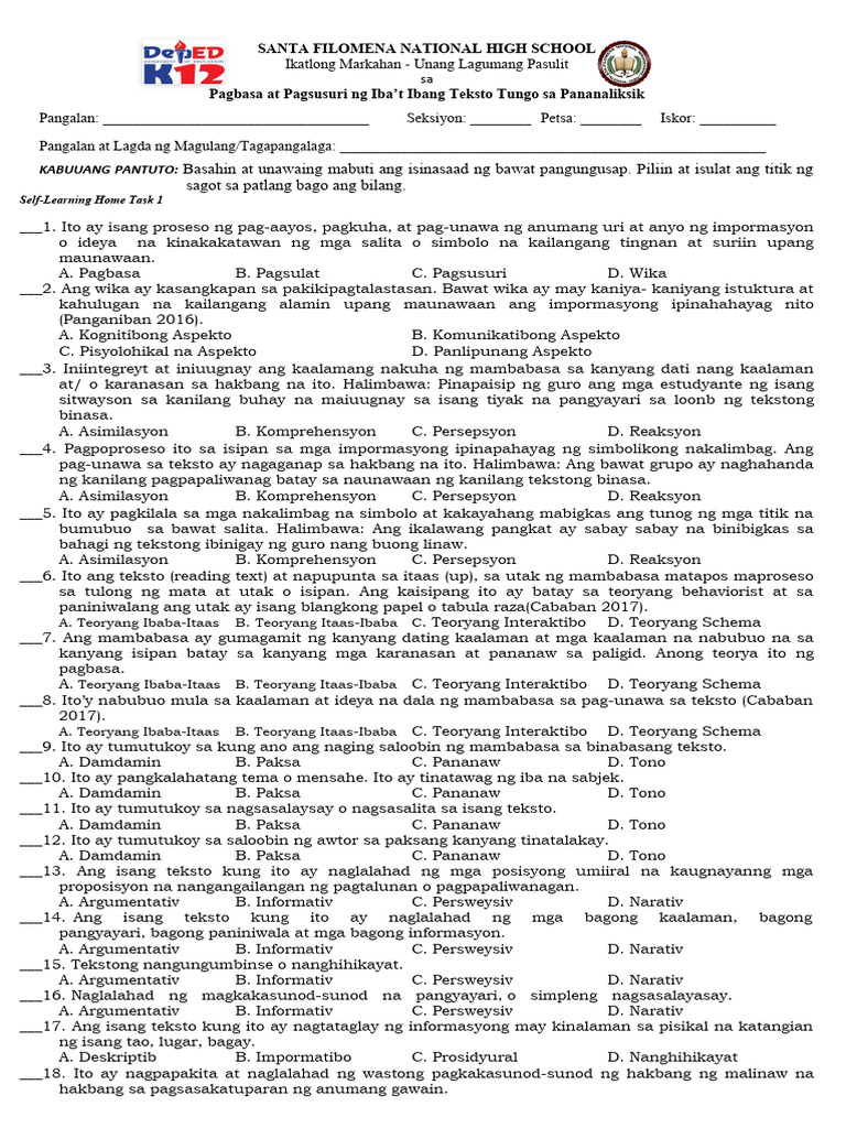 Summative Test 1 in Pagbasa at Pagsusuri NG Ibat Ibang Teksto Tungo Sa ...