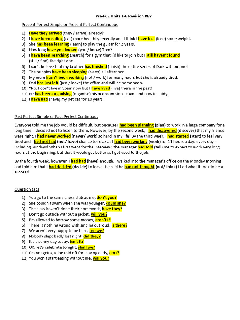 Pre-FCE Units 1-6 Revision key | PDF | Linguistics | Grammar