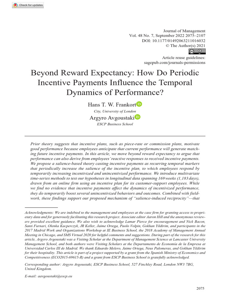Frankort Avgoustaki 2021 Beyond Reward Expectancy How Do Periodic Incentive Payments Influence ...