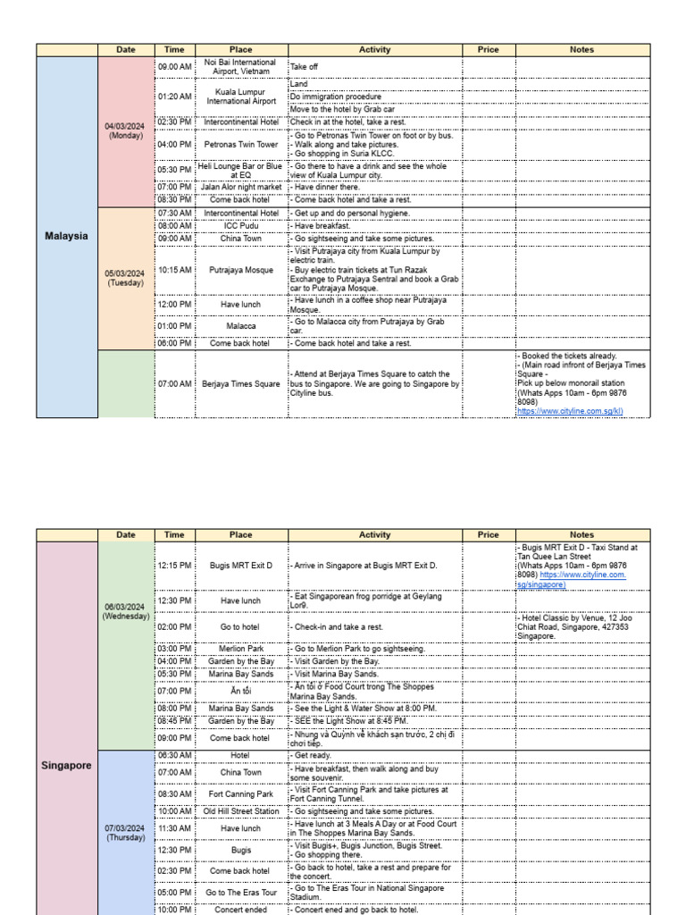(Eng Version) Malay - Sing Itinerary 5d4n - Timeline | PDF